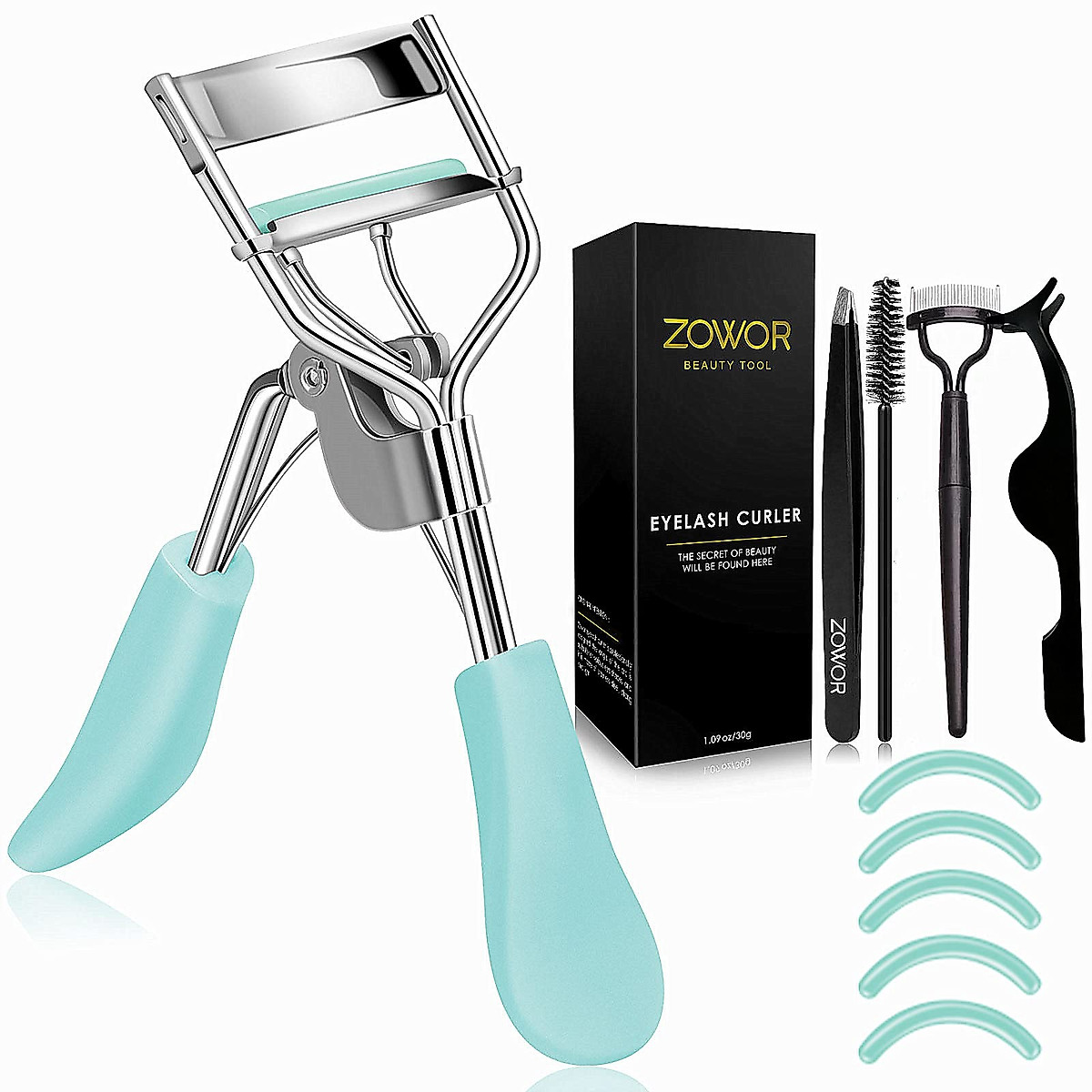 Zowor Eyelash Curler with Comb and Brush Fit All Eye Shape Curved Eyelash Curlers with 5PCS Silicone Refill Pad,Natural and Long Lasting Lash Curler for Women Make Up Gift(Blue)