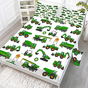 EDGZKO Sheet Set Green Tractor: Queen Size Cartoon Excavator Truck Bed Sheets for Boys Kids Toddler Deep Pocket Construction Vehicle 4PC Bedding Set 1 Fitted Sheet & 1 Flat Sheet & 2 Pillowcases