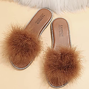 Slide Slippers Women Ladies Fashion Multi Color Plush Rhinestone Decorative Flat Open Toe Beach Slippers (Brown, 6.5)