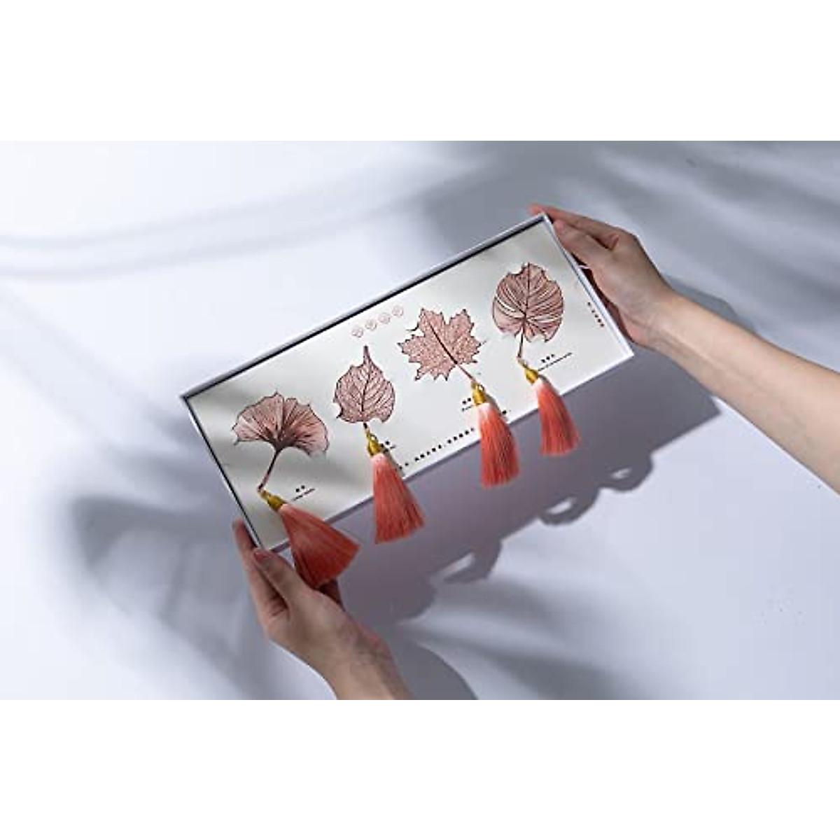 4 Metal Bookmarks with Tassels. Four Different Leaf Shapes, Representing The Four Seasons of Nature, Rose Gold, 2.56Wx2.56L