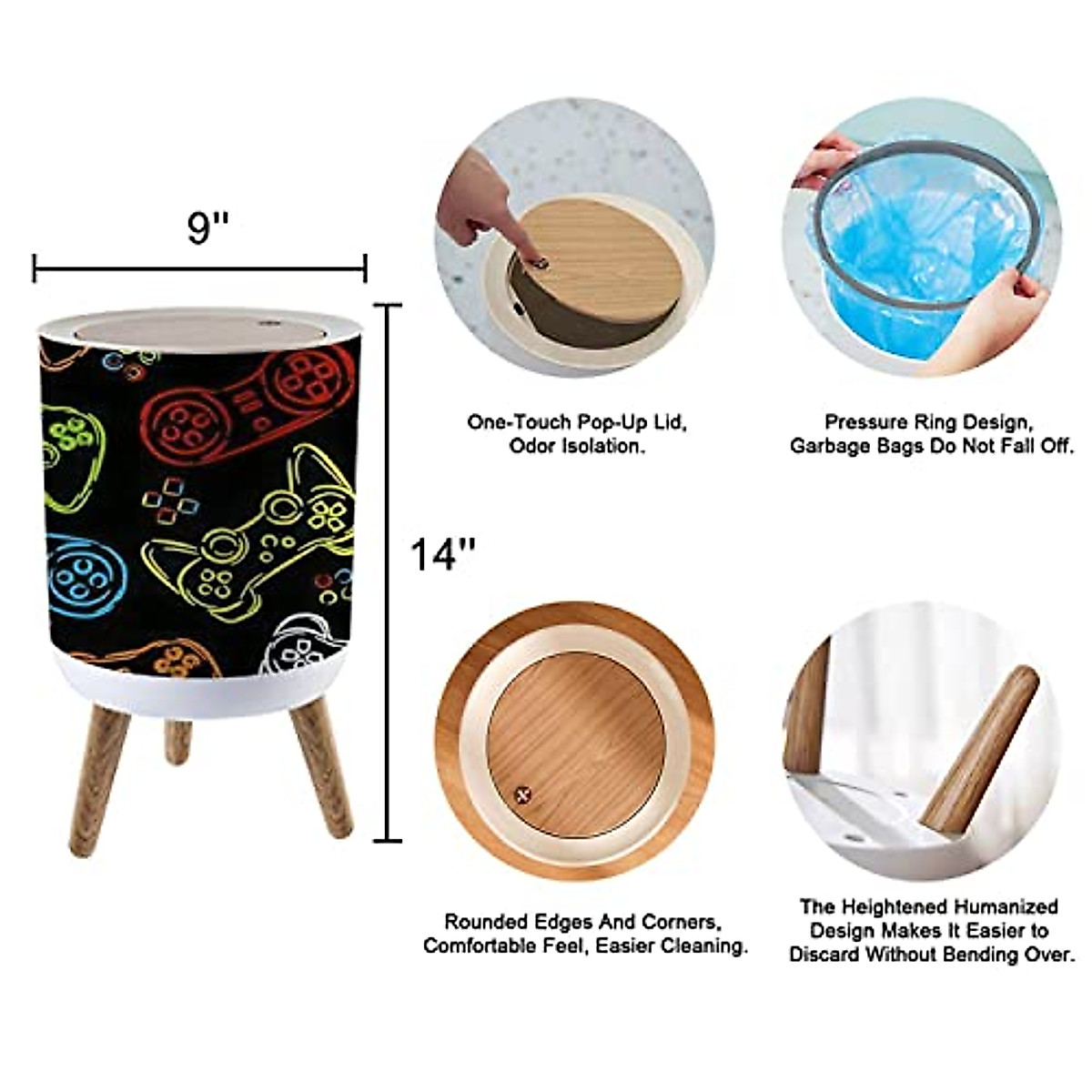 CAKOJV188 Round Trash Can with Press Lid Seamless Abstract with Colorful Silhouettes Joystick Game for Boys Small Garbage Can Trash Color