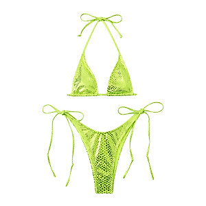 SOLY HUX Women's Sexy Snakeskin Print Halter Triangle Tie Side Bikini Set Bathing Suits 2 Piece Swimsuit Lime Green S