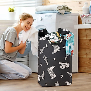Western Theme Cactus Cowboy Boho Pattern Large Laundry Hamper Basket, Collapsible Laundry Bag Storage Bins Baskets with Handles for Laundry, Bedroom, Home Decor
