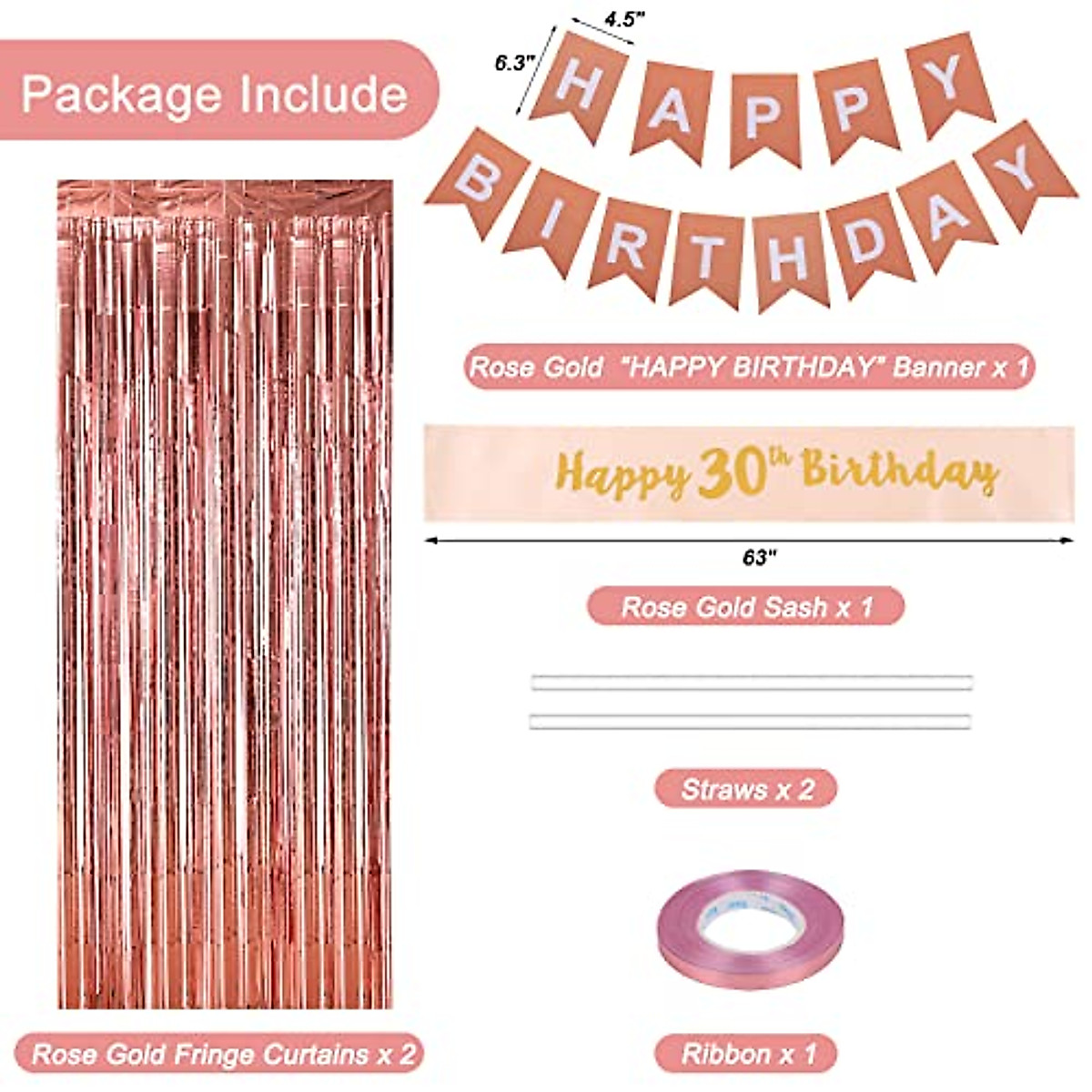 RUBFAC 30th Birthday Decorations for Women, Rose Gold Balloons, Fringe Curtain, Happy Birthday Banner Kits Party Supplies