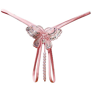 Sekexi Fashion Women Sexy Underwear Cutout Pendant Pearl Beads Embellished Lace Butterfly G-String Thong Underpants Pink