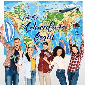 Adventure Awaits Backdrop Travel Themed World Map Photography Background Let The Adventure Begin World Travel Graduation Birthday Baby Shower Party Decorations Banner (6x4ft(70x40inch))