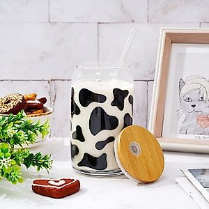 Whaline 2 Pack Cow Drinking Glasses 16oz Cow Print Glasses Cup Cute Cow Ice Coffee Cup with Bamboo Lids Glass Straw Cleaning Brushes for Cocktails Whiskey Beer Soda Gifts
