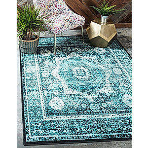 Unique Loom Imperial Collection Geometric, Traditional, Bright Colors, Border, Vintage, Distressed Area Rug, 10 x 13 ft, Turquoise/Ivory