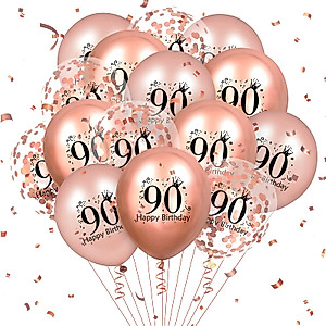 RUMIA 18pcs Rose Gold 90th Birthday Balloons, Latex Balloons with Confetti Design, Party Decorations for Women Men 90th Birthday Anniversary Decor Supplies