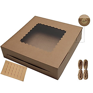 PQZKLDP 10Packs 10x10x2.5 Inches Brown Kraft Cake Boxes with Window, Gift Packing, Bakery Boxes, Dessert, Pastry, Cupcake, Pie Cookies, With Stickers,66 FT Twine(Brown, 10 * 10 * 2.5 Inch)