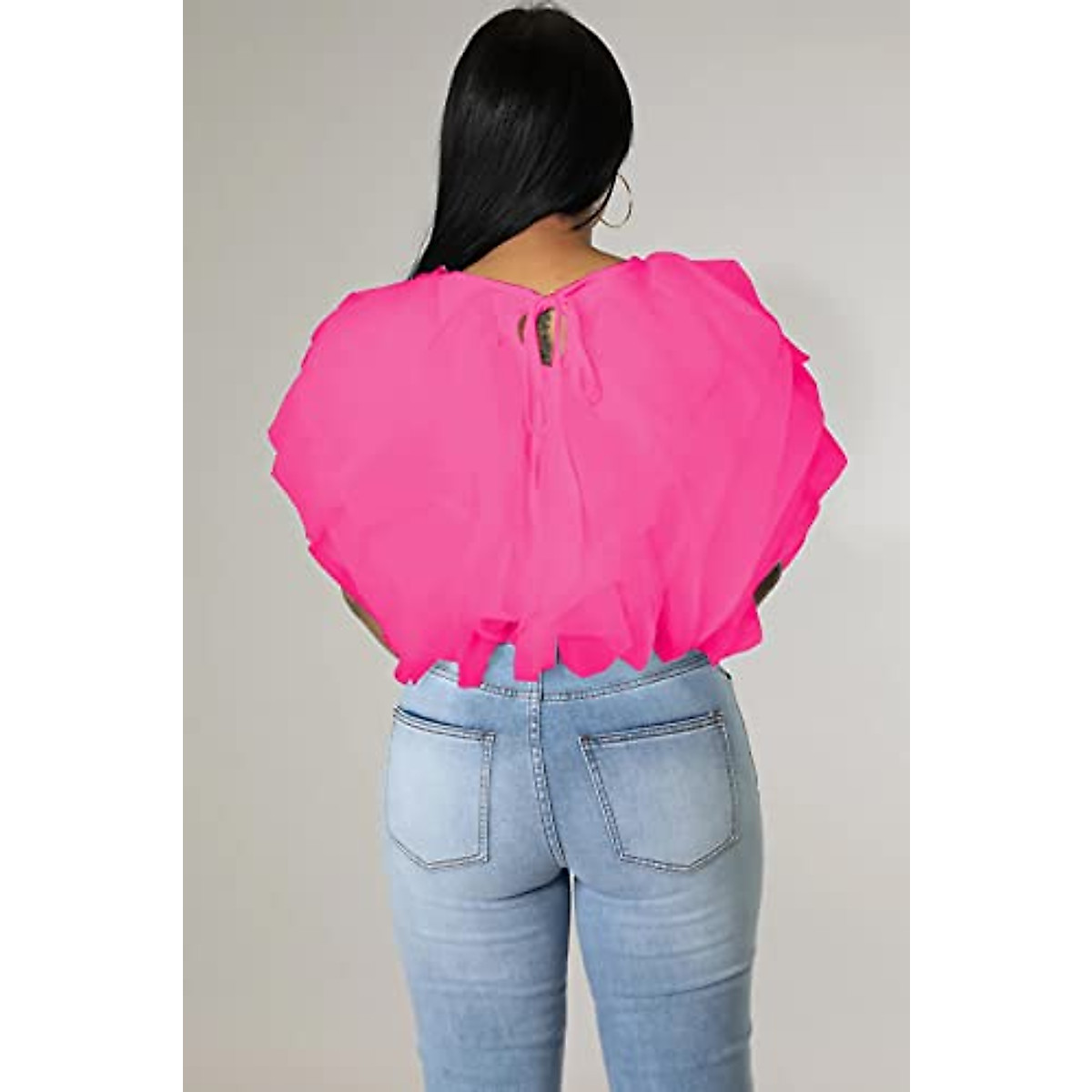 Chiffon Blouses for Women Casual - Solid Short Sleeve Mesh Tulle Blouse Puffy Layered Short Tops Party Prom XX-Large