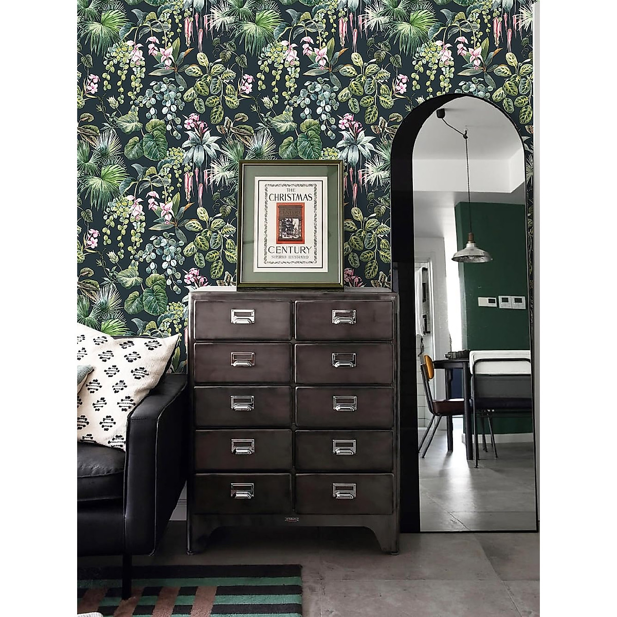 Ismoon Green Peel and Stick Wallpaper, Tropical Wallpaper Black/Green/Pink Contact Paper Jungle Leaf Wallpaper Peel and Stick Removable Wallpaper Vinyl Self Adhesive Wallpaper Waterproof