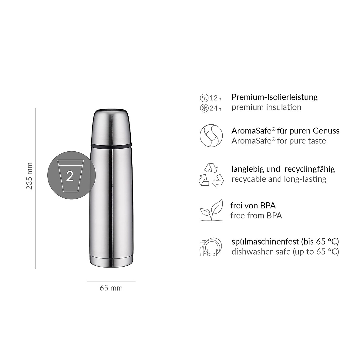 ALFI isoTherm Vacuum Flask isoTherm 0.5 L Perfect Stainless Steel with Screw Cap