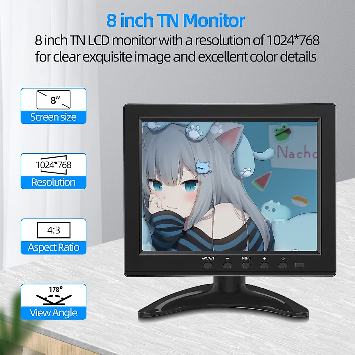 ZFTVNIE 8 Inch 1024x768 Mini Monitor, Portable Small HDMI Monitor with Built-in Dual Speakers HDMI VGA Port for Computer Security Camera Laptop Raspberry Pi