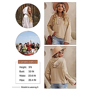 Dokotoo Casual Loose Long Sleeve Hoodies for Women Fashion Solid Button Down Batwing Sleeve Hooded Sweatshirt Khaki Large