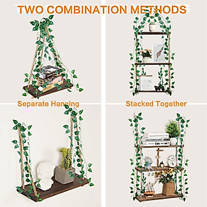 SNOMEL Set of 3 Wood Hanging Shelves with Artificial Ivy & Woven Rope, Rustic Floating Wall Shelves, Hanging Plant Shelf Rack Display for Storage Bedroom Living Room Farmhouse Home Decor