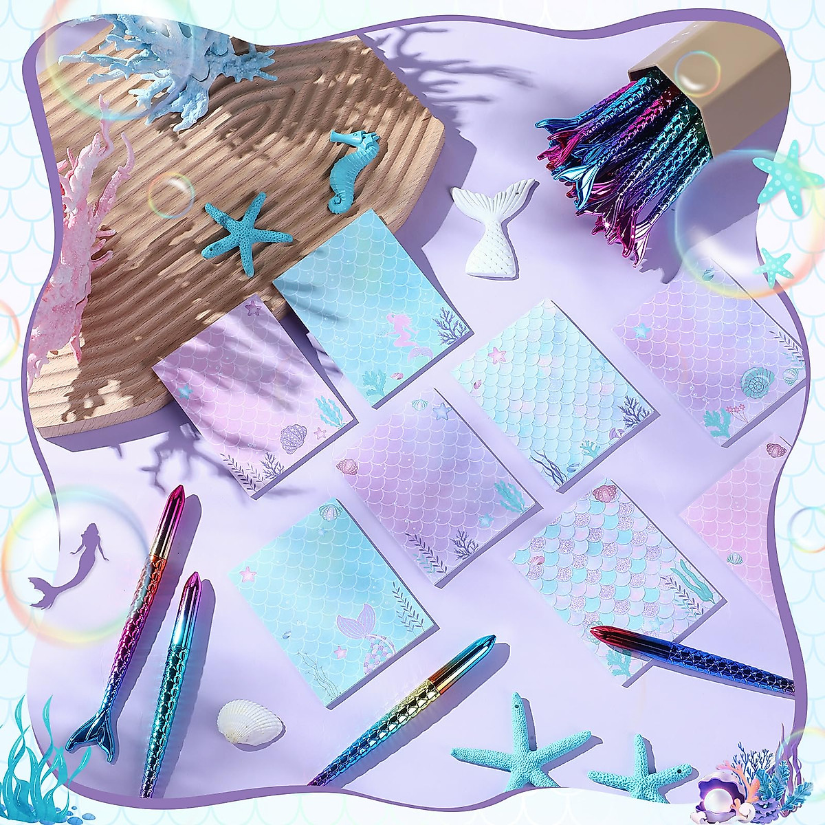 Ireer 48 Pcs Mermaid Pens and Mermaid Note Pads Set Mermaid Party Favors Mermaid School Supplies Cute Sticky Note Pads with Gel Ink Pen for Girls Birthday Gift Decorations School Classroom Awards