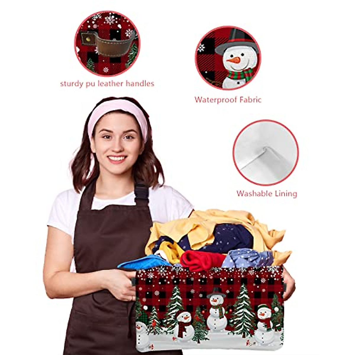 Storage Bins Large Storage Basket,Christmas Snowman and Tree in Snow Collapsible Storage Bins with Handle,Red and Black Buffalo Plaid Storage Baskets Cube Organizer for Shelves Closet Nursery 1PCS