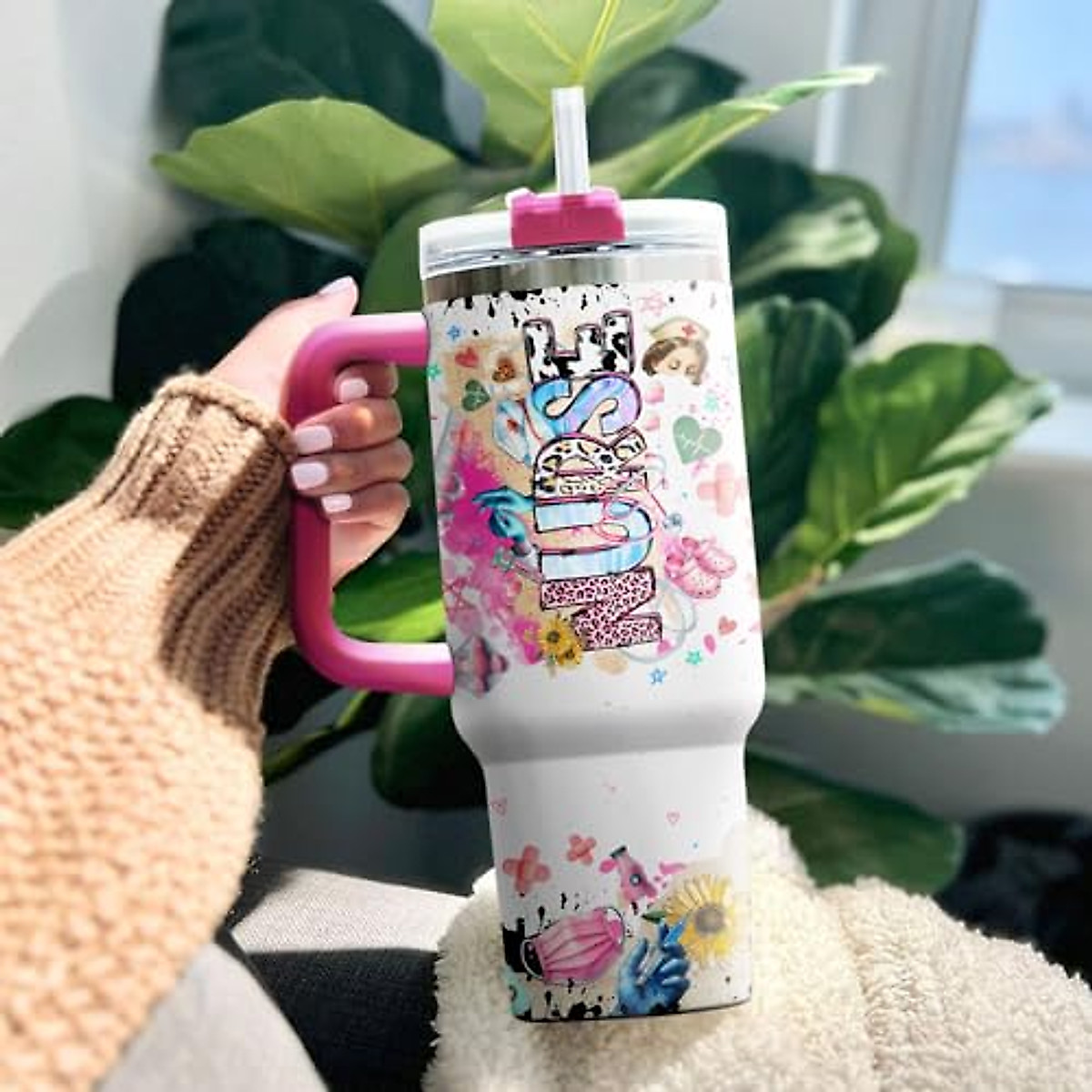 99WHALE Coffee Straws Student Practitioner Cup Er Cups Leopard Travel Women Nurses Print For, Nurse Gifts, Tumbler 40 Oz With Handle Lid And Straw, Nurse Rainbow Collaboration