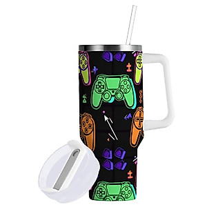 ODAWA 40oz Fall Insulated Tumbler with Straw and Handle, Game Controllers Black Spill Proof Tumbler with Straw Insulated Vacuum Tumbler