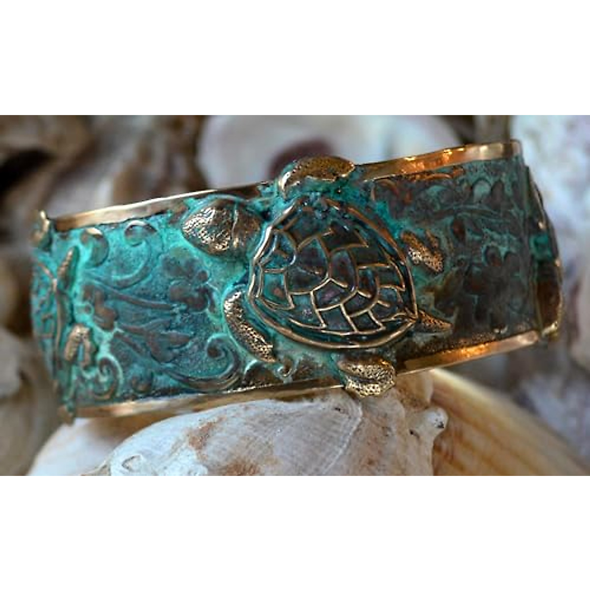 Elaine Coyne Jewelry | Sea Turtle Bracelet for Women, Adjustable Brass Cuff Bracelet for Women, Artisan Classic Jewelry Turtle Cuff/Arm Cuff Made of Verdigris Patina Brass | Elaine Coyne Cuff Bracelet
