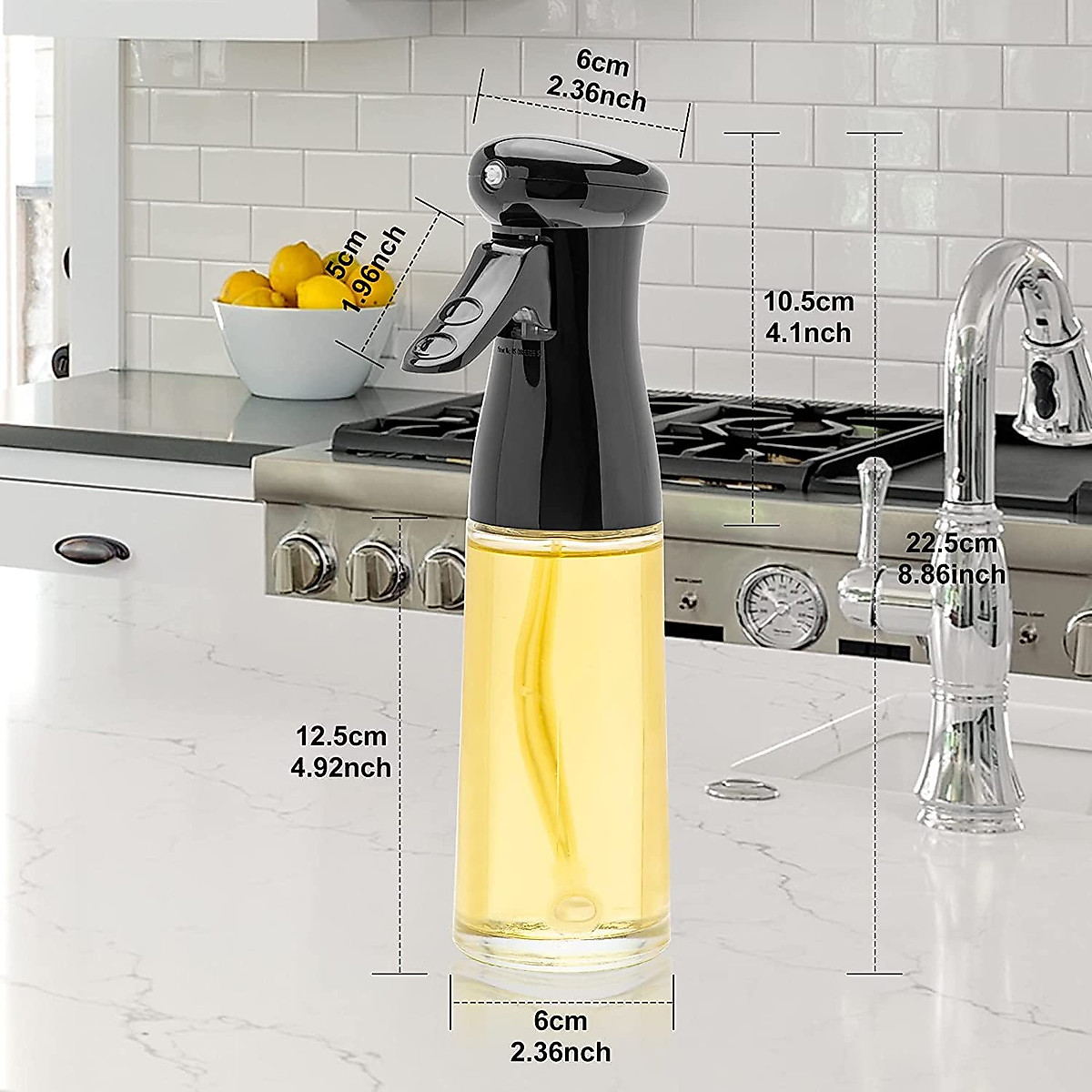 Olive Oil Sprayer for Cooking - 200ml Glass Oil Dispenser Bottle Spray Mister - Refillable Food Grade Oil Vinegar Spritzer Sprayer Bottles for Kitchen, Air Fryer, Salad, Baking, Grilling, Frying (Black)