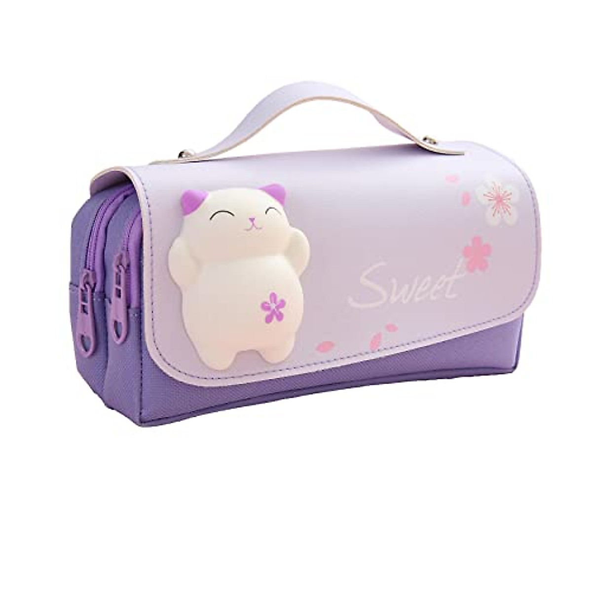 YBDXVX Pencil Case for Girls, Kawaii Pencil Case for Kids, Cute Pencil Pouch with Large Capacity and 3 Compartment, Cartoon 3D Extrusion Cat Toy Decoration, Purple