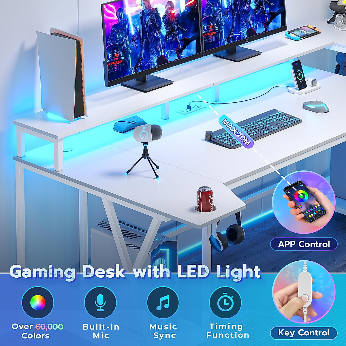 SEDETA White Gaming Desk 70.8'' with LED Lights and Storage Shelves, Computer Desk with Monitor Stand, Power Outlets and Cup Holder, Large PC Gamer Desk, Gaming Table for Bedroom, Living Room