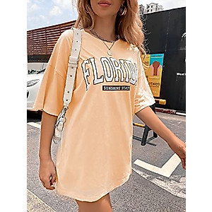 MISSACTIVER Women Florida Letter Graphic Print Tee Shirt Oversized Short Sleeve Crew Neck Drop Shoulder Casual T-Shirt Tops Apricot