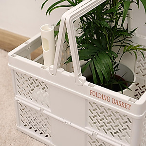 TRZZ 2-Pack Plastic Storage Baskets with Handle, Collapsible Hanging Basket for Organizing, Pastel Storage Crates for Car, Kitchen, Office, Bathroom, and Picnic Organizing, White+Gray. (12.2"x9"x8.2")