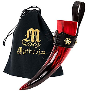 Mythrojan THE RED WITCH Viking Drinking Horn with Black Leather holder Authentic Medieval Inspired Viking Wine/Mead Mug – Polished Finish
