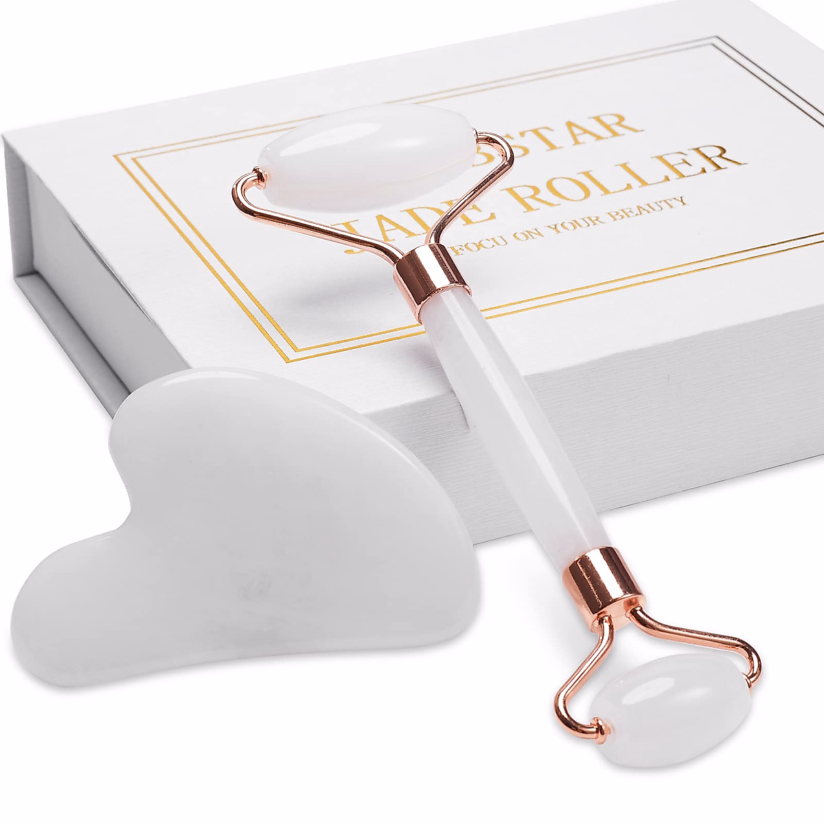 Jade Roller for Face, Facial Roller Massager Skin Care Tool, Gua Sha Facial Tools for Face, Neck, Eyes, Reduce Puffiness of The Skin - White