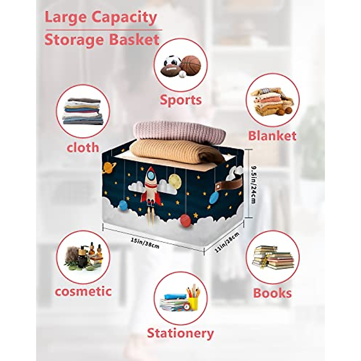 Storage Bins, Space Theme Cute Rocket Planet Pattern Storage Baskets for Organizing Closet Shelves Clothes Decorative Fabric Baskets Large Storage Cubes with Handles