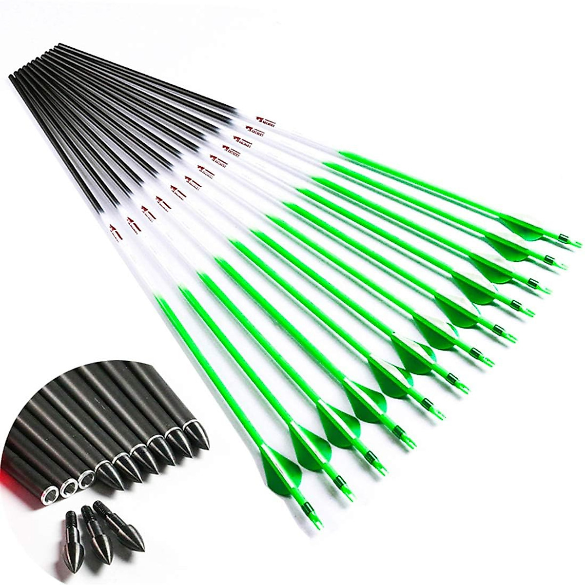 Linkboy Archery Spine 300 340 400 500 600 28inch Carbon Arrows Shaft 2" Vanes Green Recurve Compound Bow Longbow Hunting Shooting 12PCS (Spine 340 28inch)