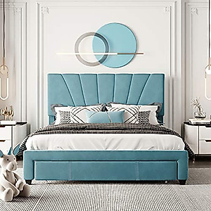 Lifeand Queen Size Storage Bed Velvet Upholstered Platform Bed with a Big Drawer - Blue