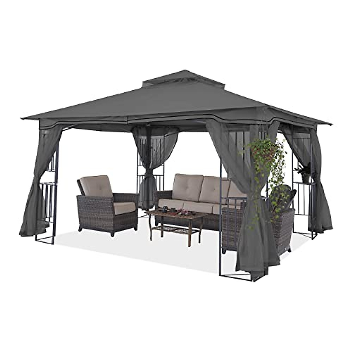 MASTERCANOPY Patio Outdoor Gazebo with Netting Screen Walls and Corner Shelf Design (11x13,Gray)
