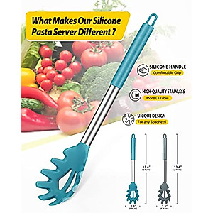 Pack of 2 Silicone Pasta Fork, Kitchen Heat Resistant Noodle Spoon Server, BPA Free Spaghetti Strainer,Best Cooking Tools (Gray-Blue)