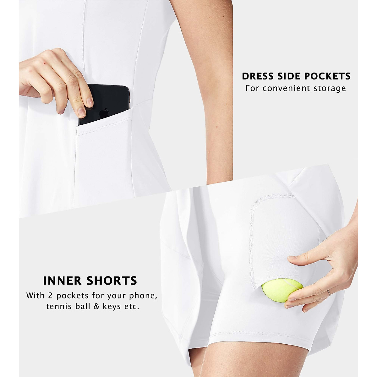 Amoy Women’s Tennis Dress with Built in Shorts UPF 50+ Cap Sleeve Exercise Dresses for Athletic Workout White L