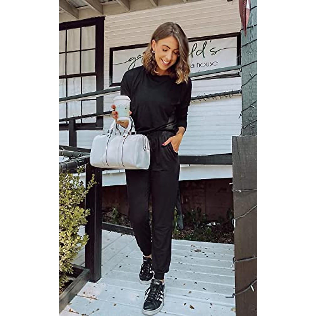 PRETTYGARDEN Women's 2023 Fall Two Piece Outfit Long Sleeve Crewneck Pullover Tops And Long Pants Tracksuit (Black,Small)