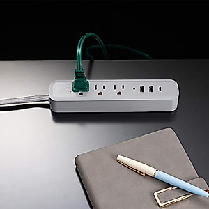 Globe Electric Designer Series 6-ft 3-Outlet USB Surge Protector Power Strip, 2x USB-A Ports, 1x USB-C Port, Right Angle Plug, Gray, 78551