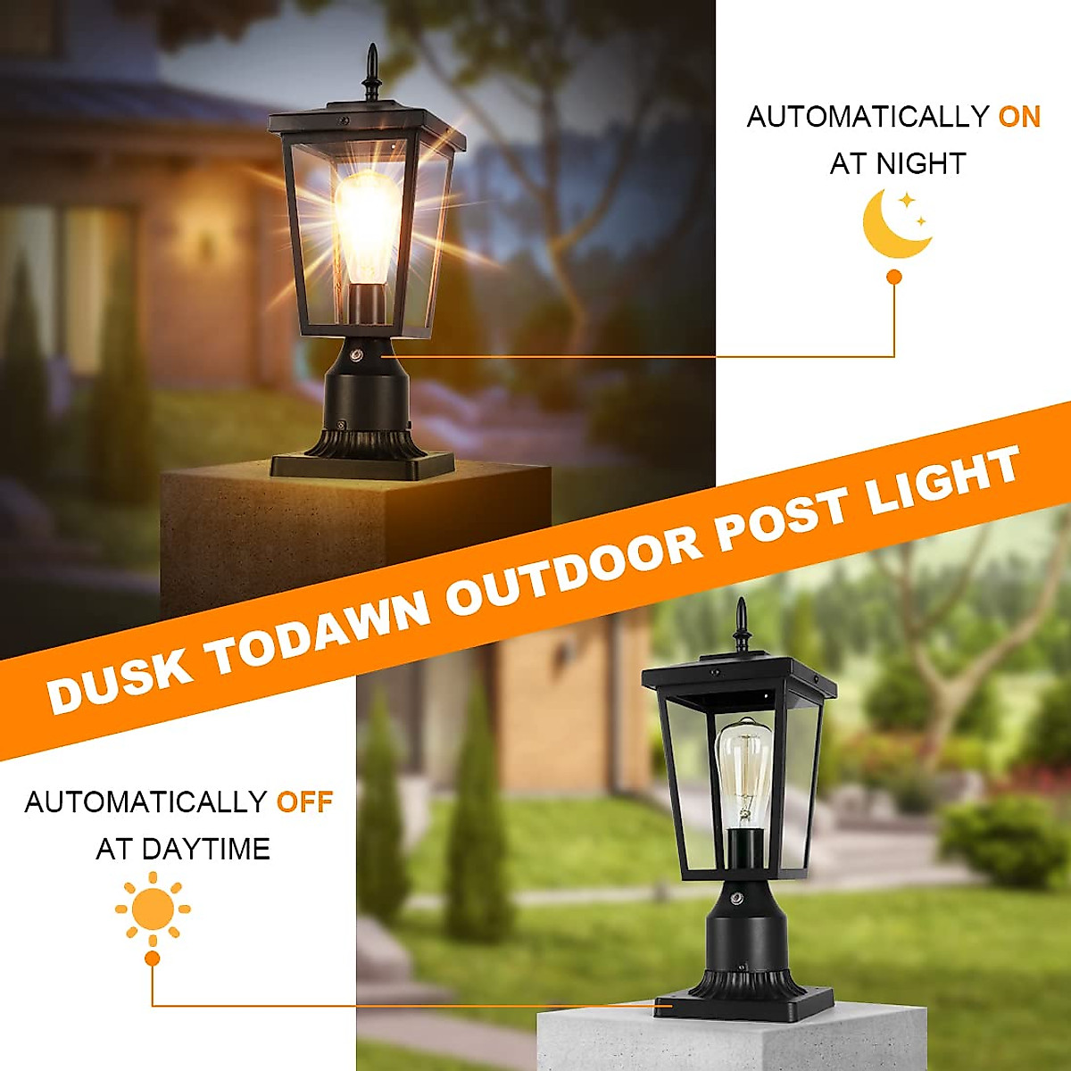 LEDMO Post Light with Pier Mount Base Dusk to Dawn, 60W Outdoor Waterproof Lamp Post Fixture, Exterior Lamp Post Lantern Head with Clear Seeded Glass for Garden, Patio, Pathway