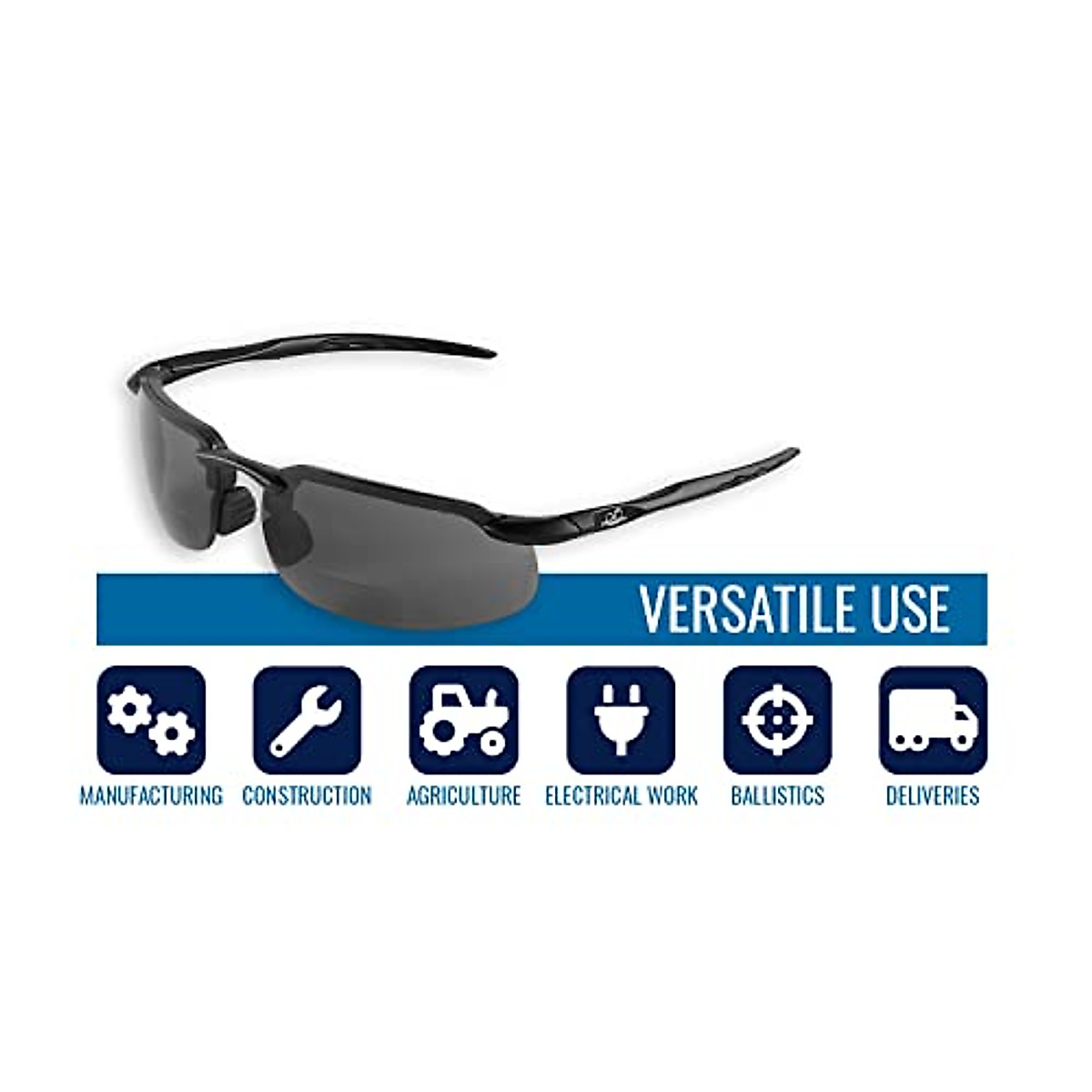 Bullhead Safety Swordfish Bifocal Safety Glasses, 2.0 Diopter, ANSI Z87+, Reader Glasses with UV Light Protection and Anti-Scratch Coating, Smoke Lenses, Matte Black Frame