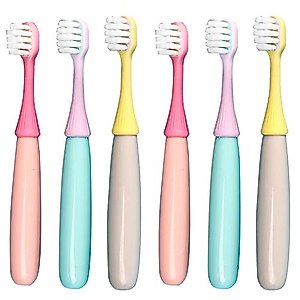 newrichbee 6 Packs Kids Toothbrush,Lovely Little Mushroom Extra Soft Bristles Toddler Toothbrush for 1-3Years Old (Pink& Yellow &Blue)