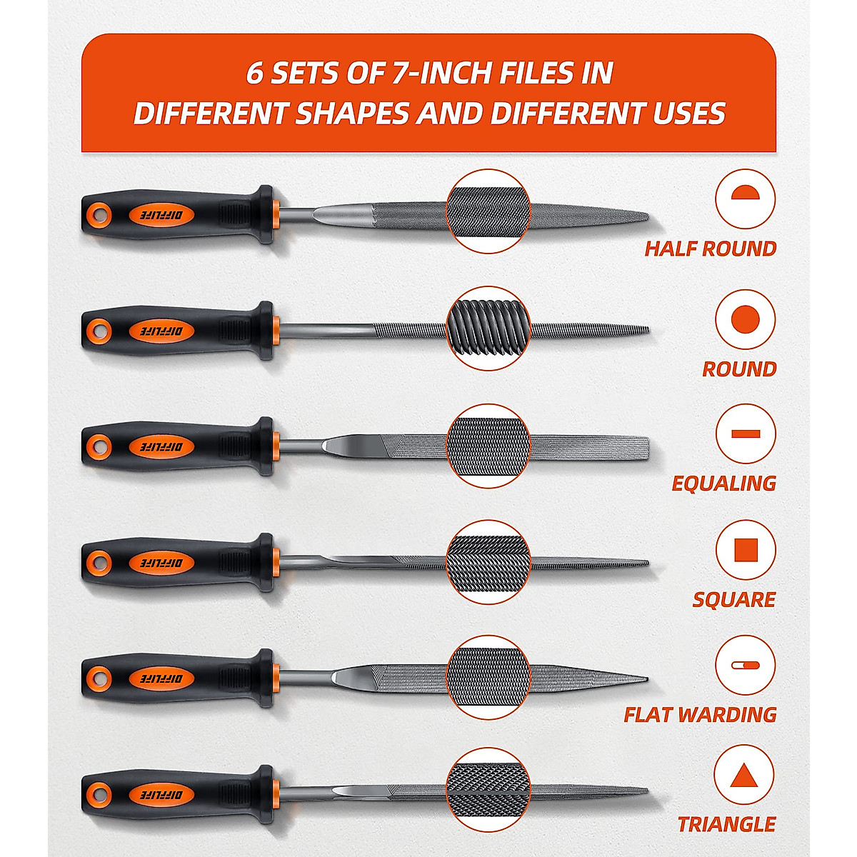 DIFFLIFE 7'' Needle File Set (Carbon Steel 6 Piece-Set) File Handles, Hardened Alloy Strength Steel - Set Includes Flat, Flat Warding, Square, Triangular, Round, and Half-Round File (6-Piece)