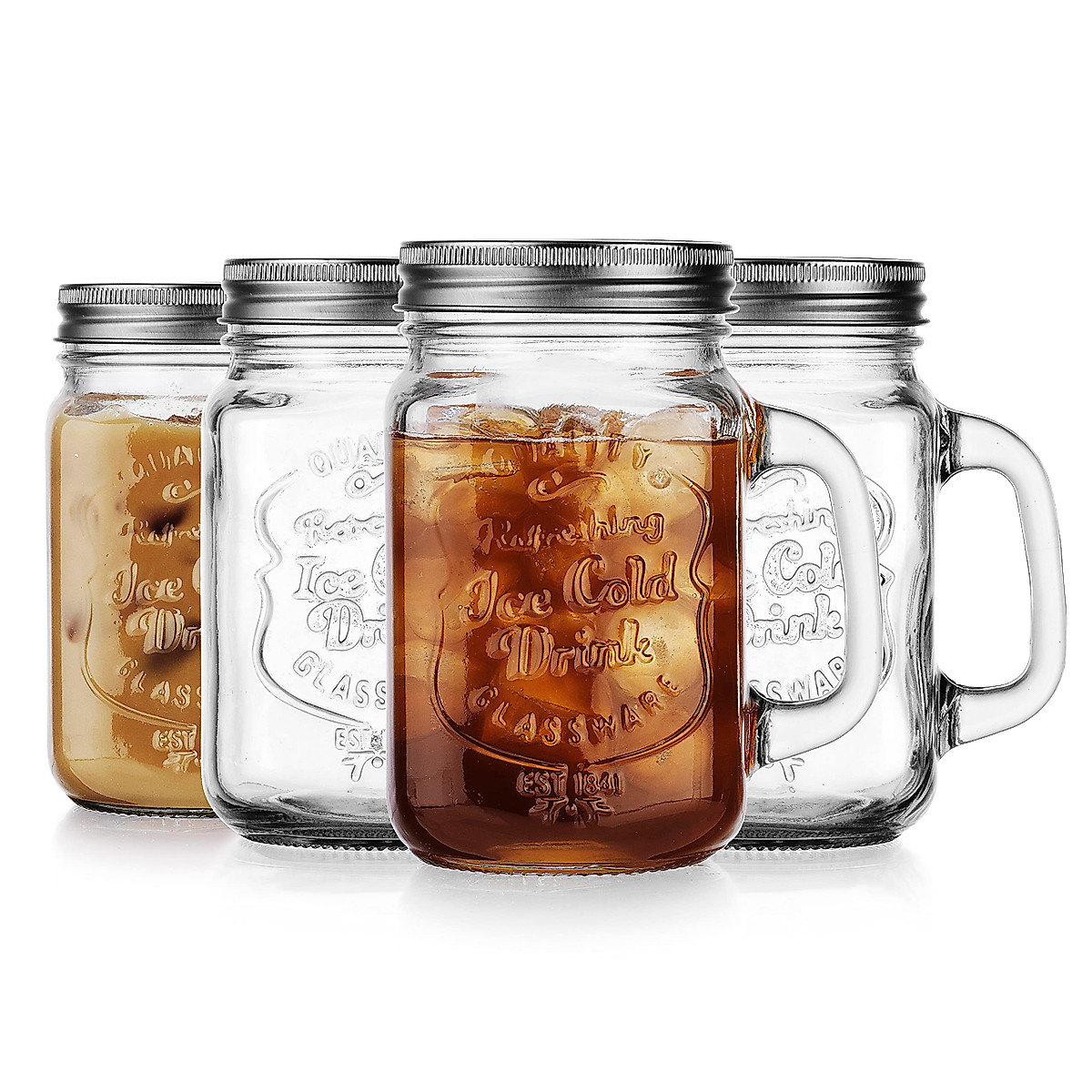 Glaver's Mason Drinking Jars – Set of 4, 16 Oz Clear Glass Jar with Handle and Lid. – Ice-Cold Drink Glassware Logo – Glass Mugs Ideal for Cold Beverages, Juice, Smoothie, Cocktails.
