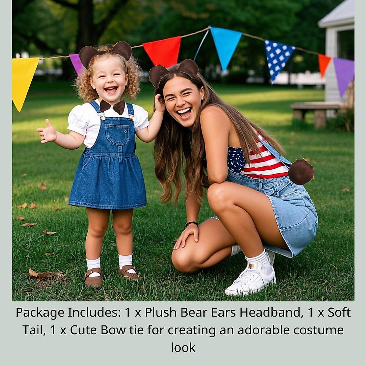 Kirei Sui 3-Piece Funny Bear Costume Set with Ears Headband Bow Tie Tail Halloween Dress Up for Kids & Adults Brown