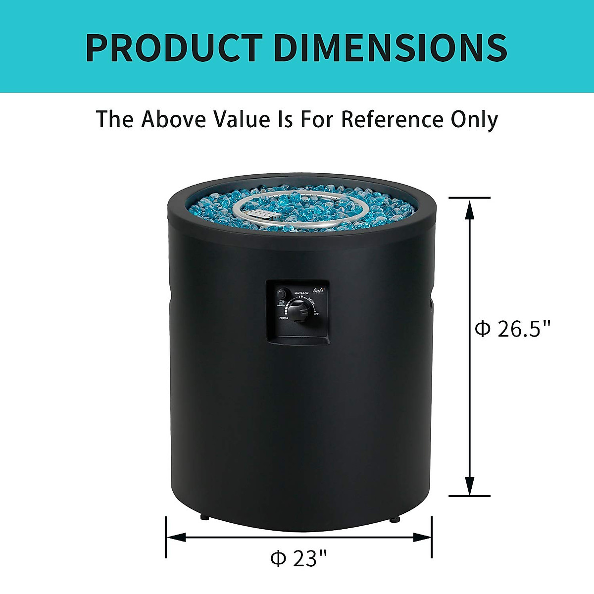 BALI OUTDOORS Gas Fire Pit Propane Fire Column, 23 Inch Cylinder Firepit, 50,000BTU Round Fire pits, Patio Fire Place W/ 22lb Blue Fire Glass, Black