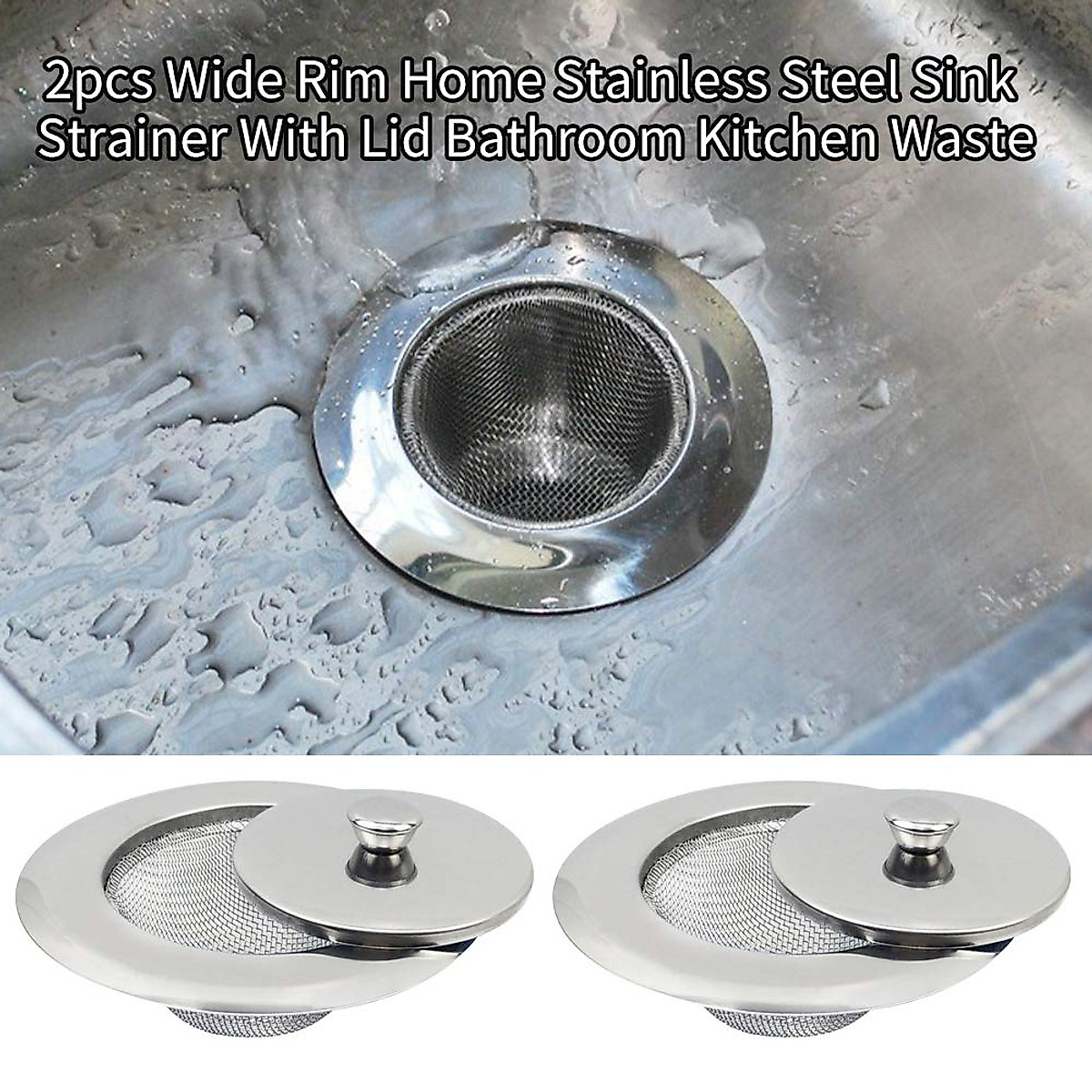 2pcs Kitchen Sink Strainer,Stainless Steel Drain Filter Strainer with Lid,4.45" Large Wide Rim Anti Clogging Mesh Drain Strainer,Drain Cove r for Most Bathroom Kitchen Sinks Drain