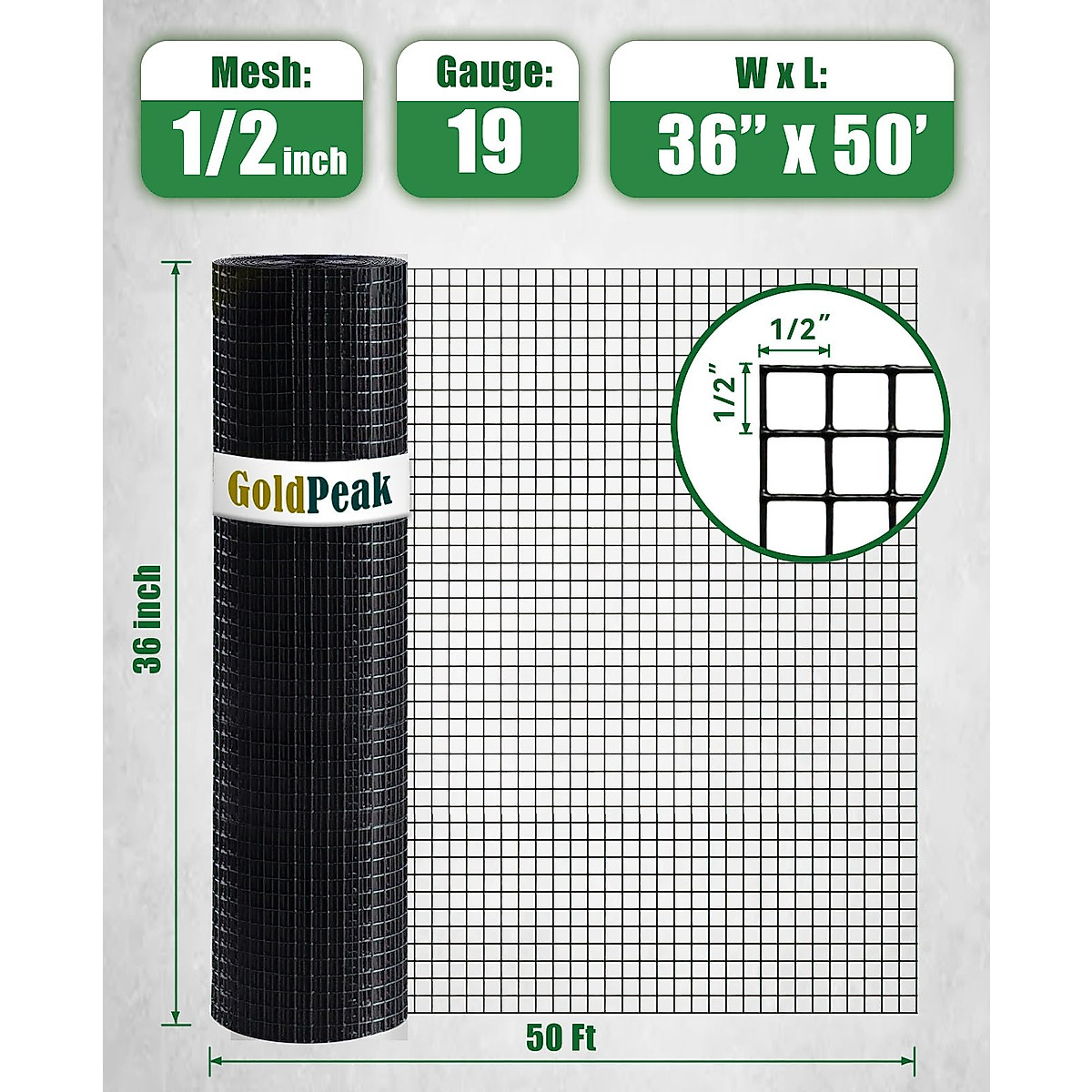GoldPeak Black Hardware Cloth - 36in. x 50ft. 1/2 inch Mesh 19 Gauge - Vinyl Coated Wire Mesh Roll Garden Fence Chicken Coop Cover Wire Fencing