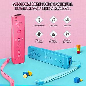 PGYFDAL Wii Controller 2 Pack, Wii Remote Controller and Nunchuck Joystick with Silicone Case and Wrist Strap for Holiday (Pink and Blue)